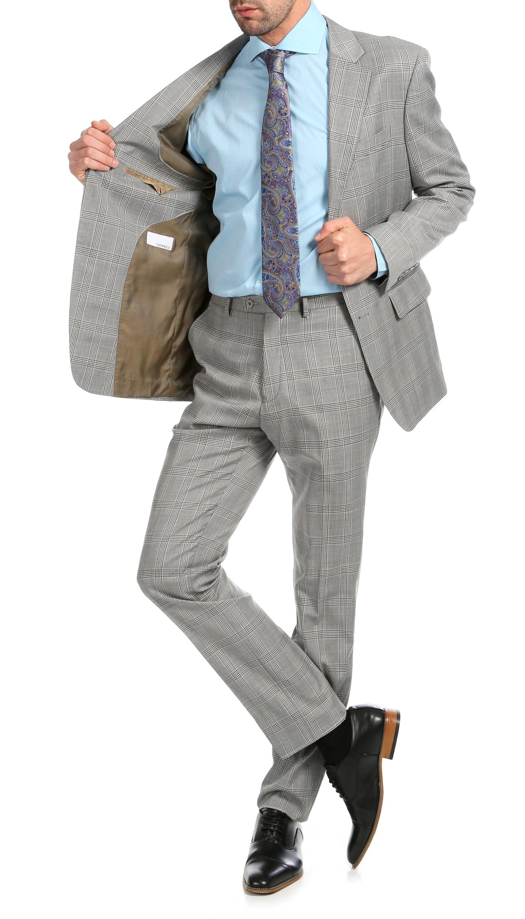 Yves Light Grey Plaid Check Men's Premium 2 Piece Wool Slim Yves Light Grey Plaid Check Men's Premium 2 Piece Wool Slim